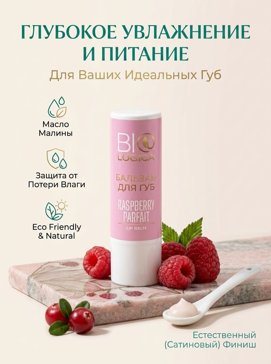 BIOLOGICA Бальзам для губ увлажняющий RASPBERRY PARFAIT/ Малиновый парфе, 3,6 г