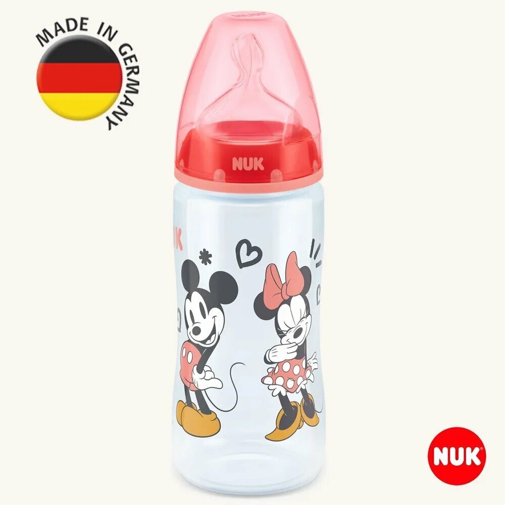 Бутылочка для кормления с 6 месяцев NUK из полипропилена с индикатором температуры 300 мл с соской из силикона с отверстием М, MICKEY, красный Минни