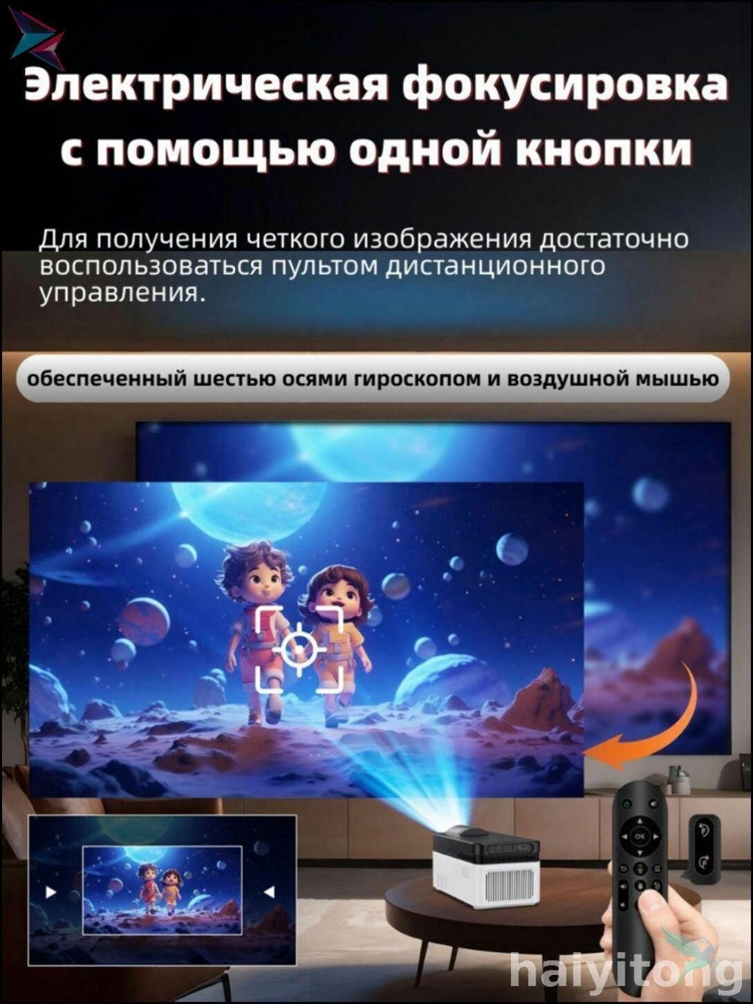 Гобо-проектор для фильмов со смарт тв, FULL HD 4К поддержка, Встроенные два 5W динамика, Bluetooth5.4, Wi-Fi 6, Android 14, HDMI, черн