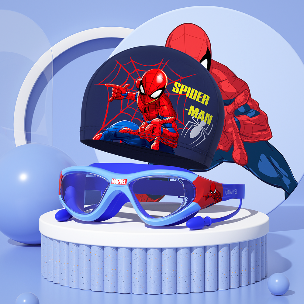 Детские плавательные очки Disney Человек-паук темно-синие с тканевым колпачком, антизапотевание, непрескрипционные для