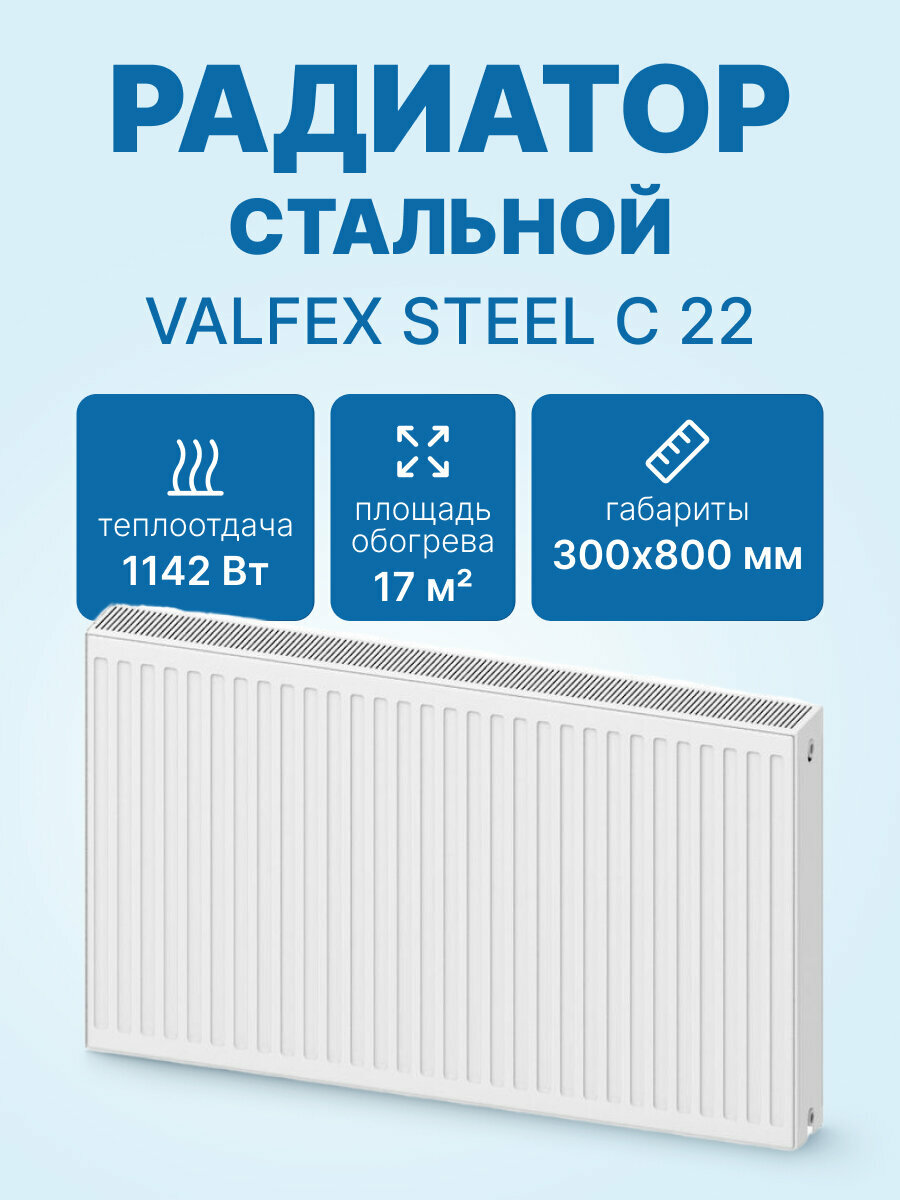 Радиатор VALFEX STEEL C 22 300х 800 стальной панельный с боковым подключением VF. C.22.300.0800