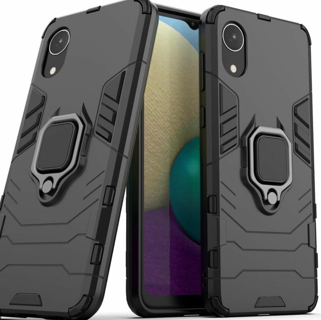 Противоударный чехол для Samsung Galaxy A03 Core черный, с кольцом, с магнитом, защитный / Чехол накладка на Самсунг Гэлэкси А03 Кор попсокет, магнит, крепление