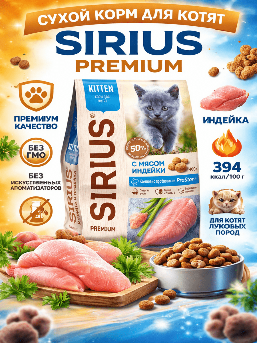Сухой корм Sirius Premium для котят с индейкой, 400г