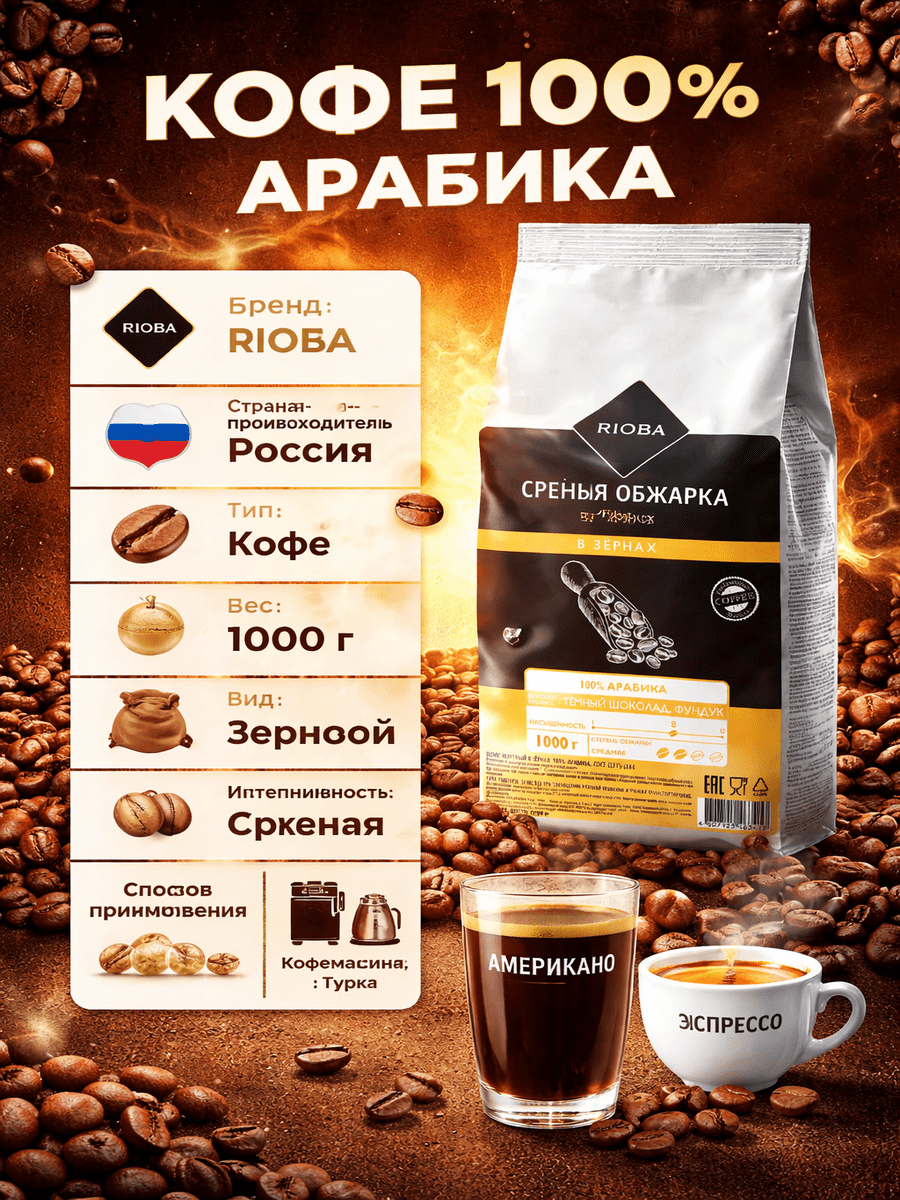 RIOBA Кофе 100% арабика зерновой, 1кг