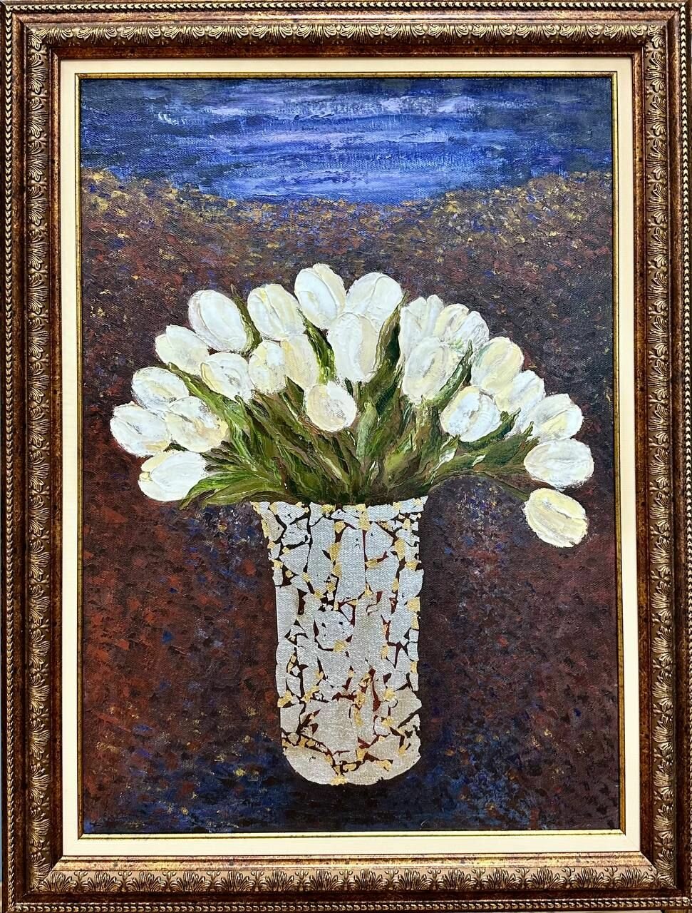 Картина маслом, цветы "Белые тюльпаны". Холст/Масло. Размер 70х50. Автор Артемьева Валентина.