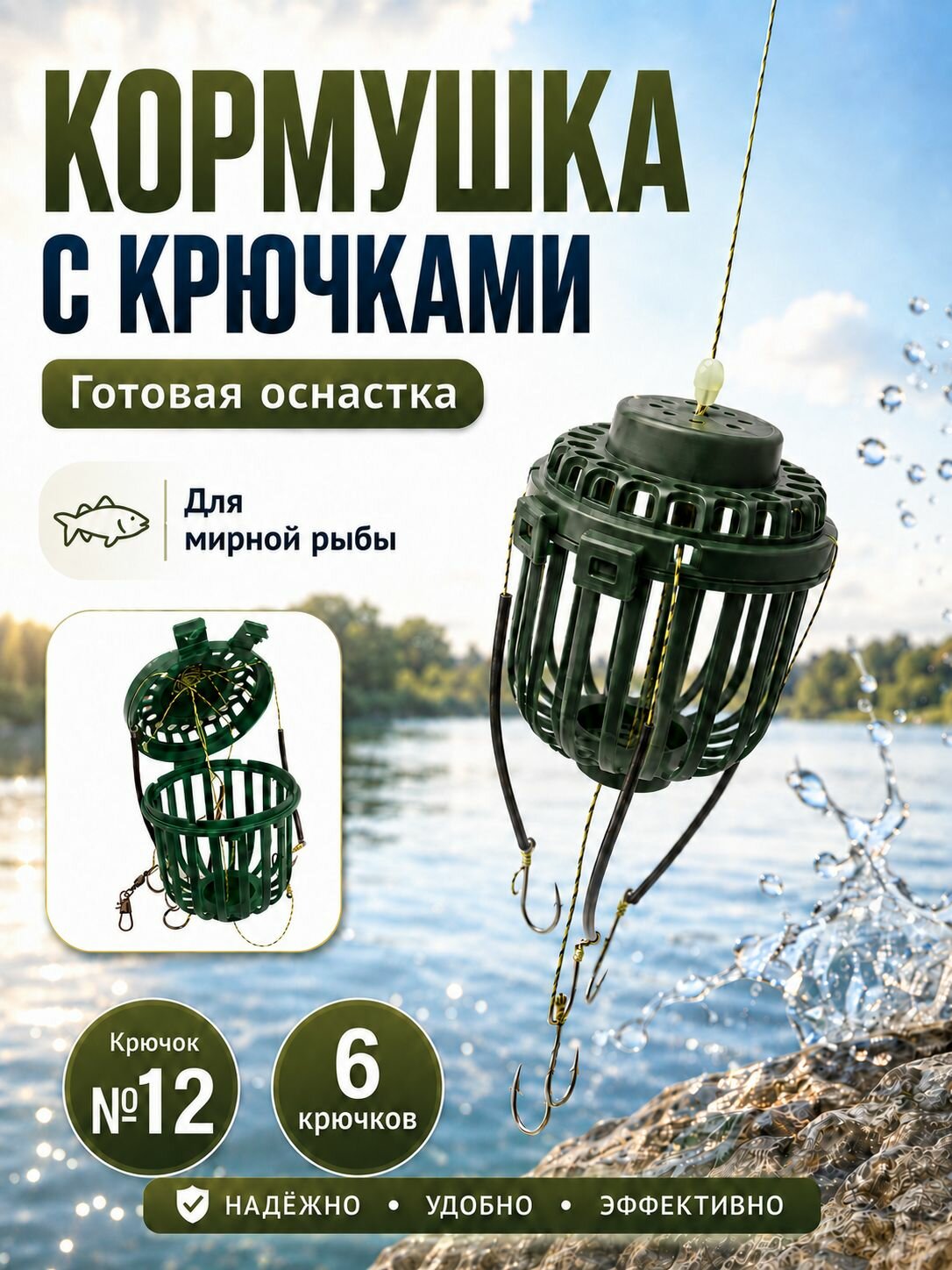 Рыболовная кормушка с крючками №12, готовый фидерный монтаж для донной ловли мирной рыбы, прочие сначти