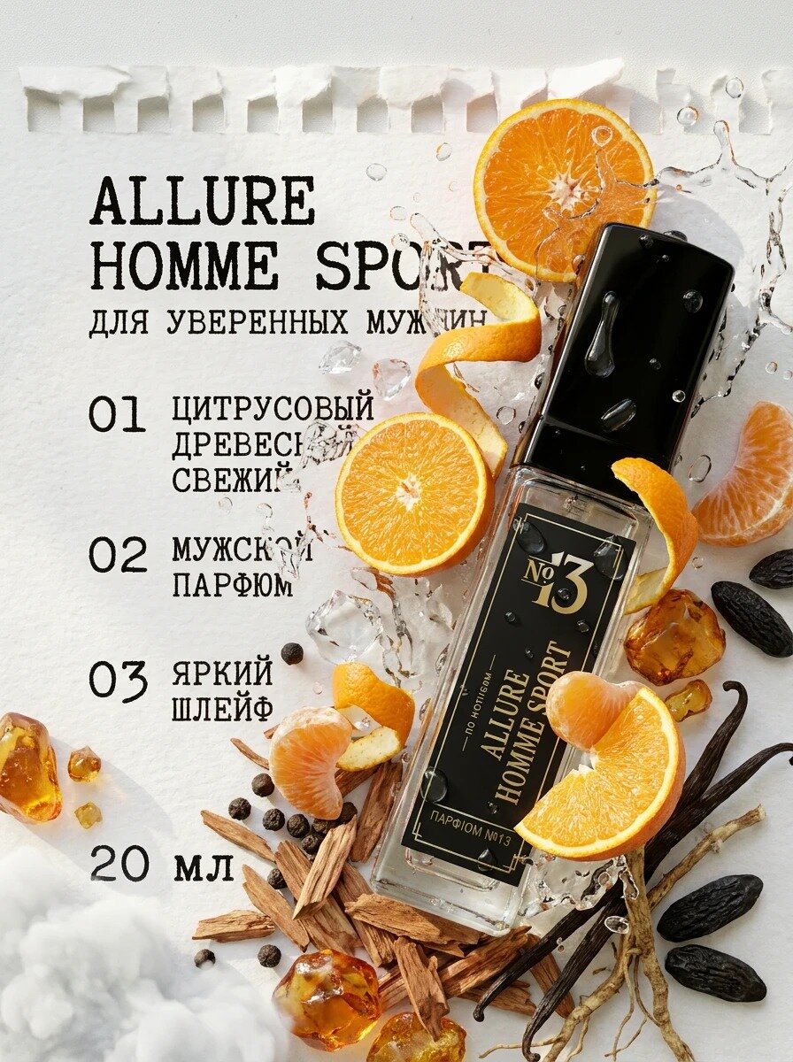 Парфюмерная вода мужская парфюм №13 по мотивам ALLURE HOMME SPORT свежий, цитрусовый, чистый 20мл
