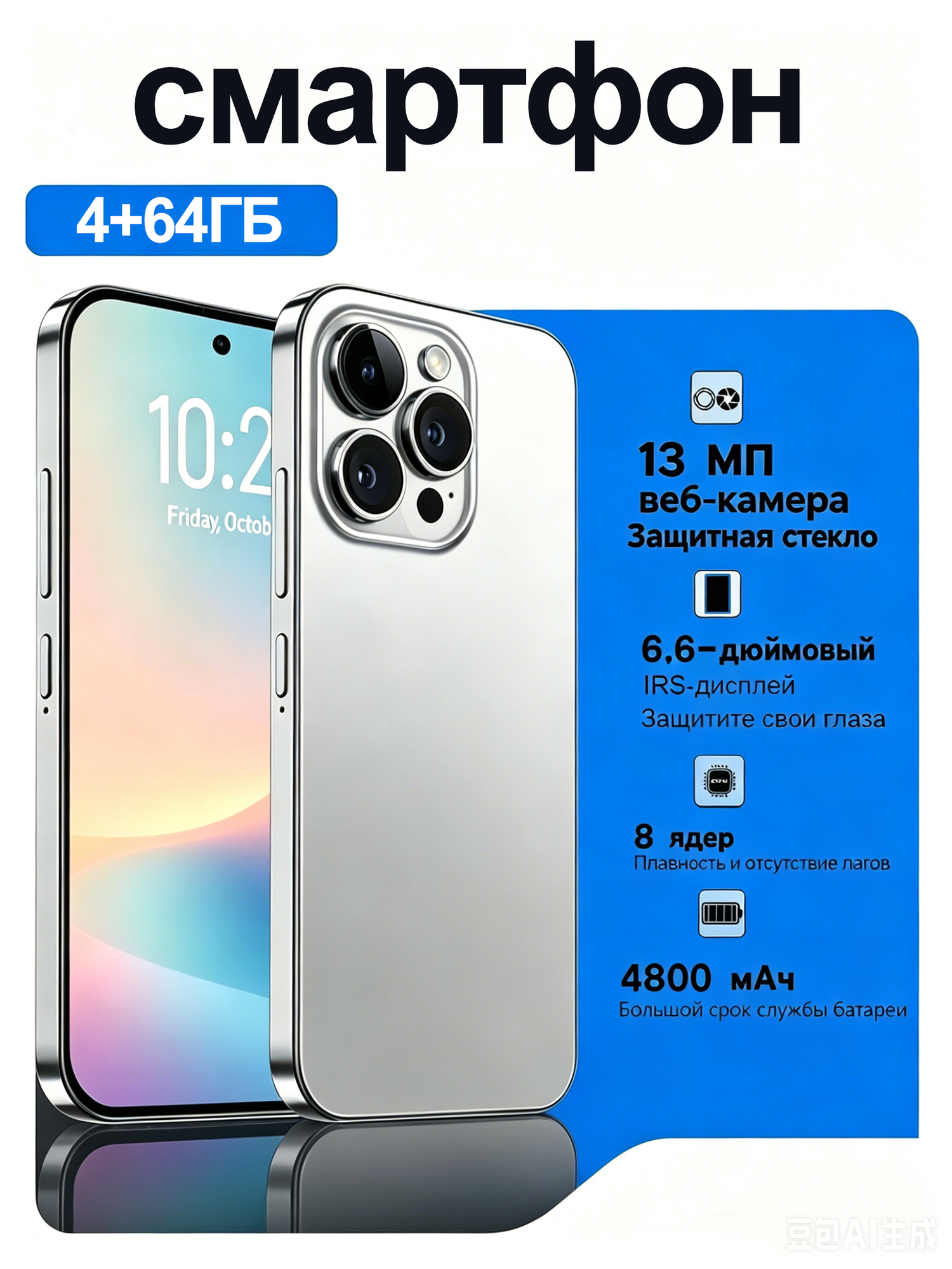 Смартфон X200, экран 6.6", Android 13, память 4/64 Гб, серый
