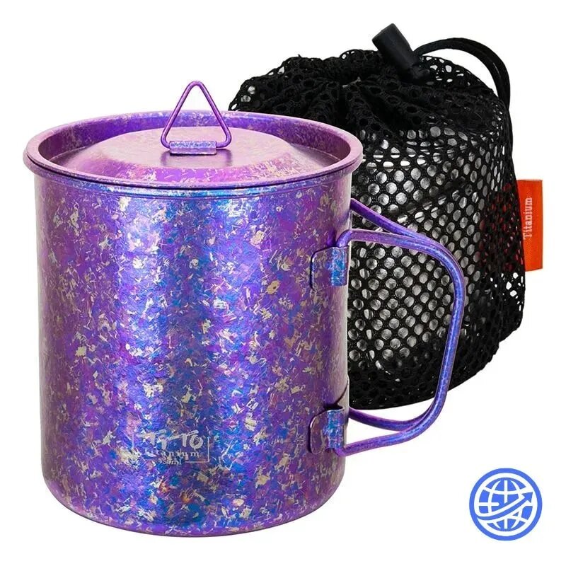 Тактический титановый стакан для воды 2 в 1 camping cup 450 мл, с крышкой и складной ручкой, подходит для кемпинга, рыбалки, охоты и пеших походов