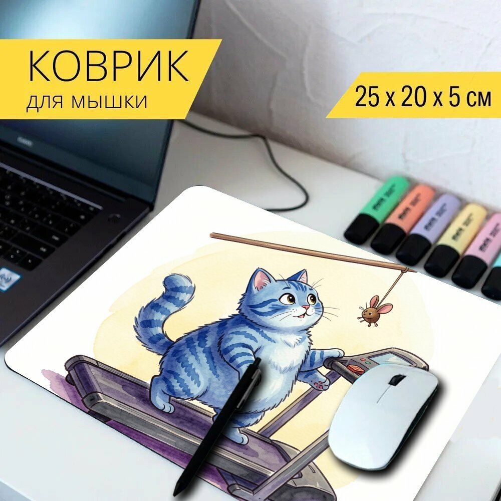 Коврик для мыши с принтом "Синий кот на тренажере. Милый полосатый питомец в акварельной иллюстрации занимается на беговой платформе, тянется к подвешенной мышке. Нежные." 25x20см.