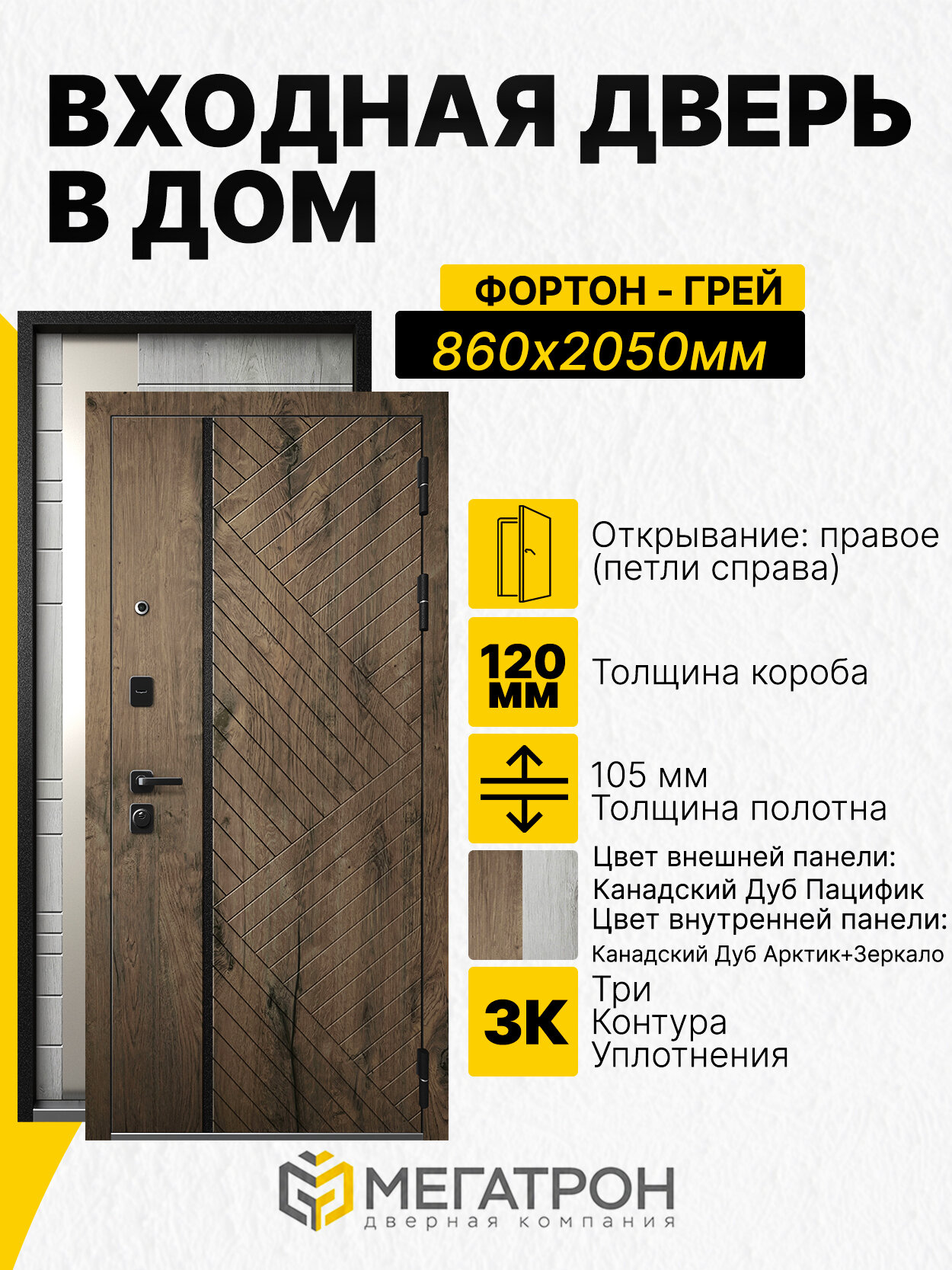 Входная дверь фортон-грей Черный муар/Канадский Дуб Пацифик/Канадский Дуб Арктик+зеркало 860x2050 (R)