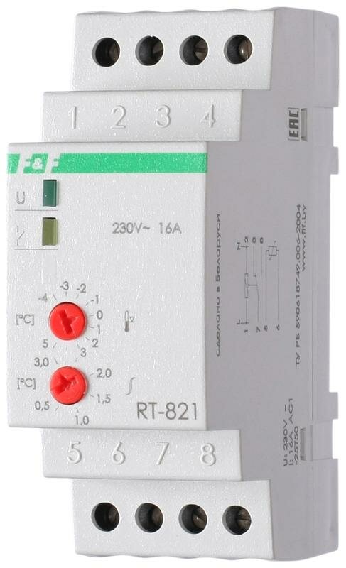 Регулятор температуры RT-821 (от -4 до +5 град. C; с выносным датчиком в комплекте; 2 модуля; монтаж на DIN-рейке; 50-264В AC 16А 1NO/NC IP20) F&F EA07.001.003