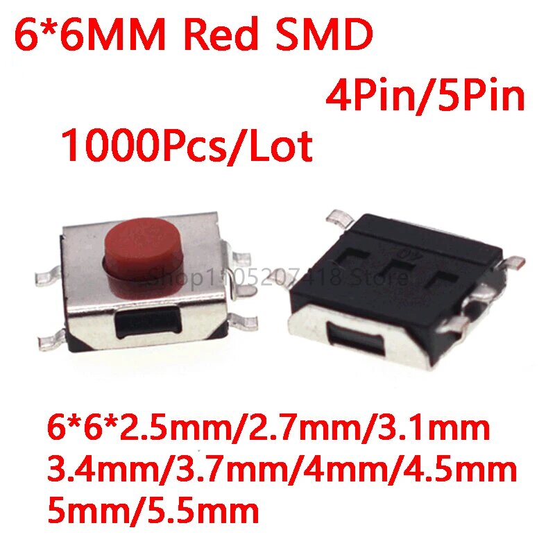 SMD переключатель тактовый красный 4PIN 6x6x3.1 мм