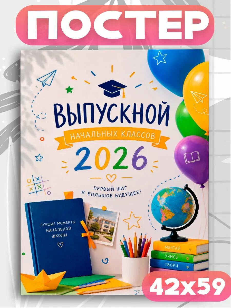 Постеры на стену Выпускной 2026 Начальные классы , плакат 1шт, А2 размер.