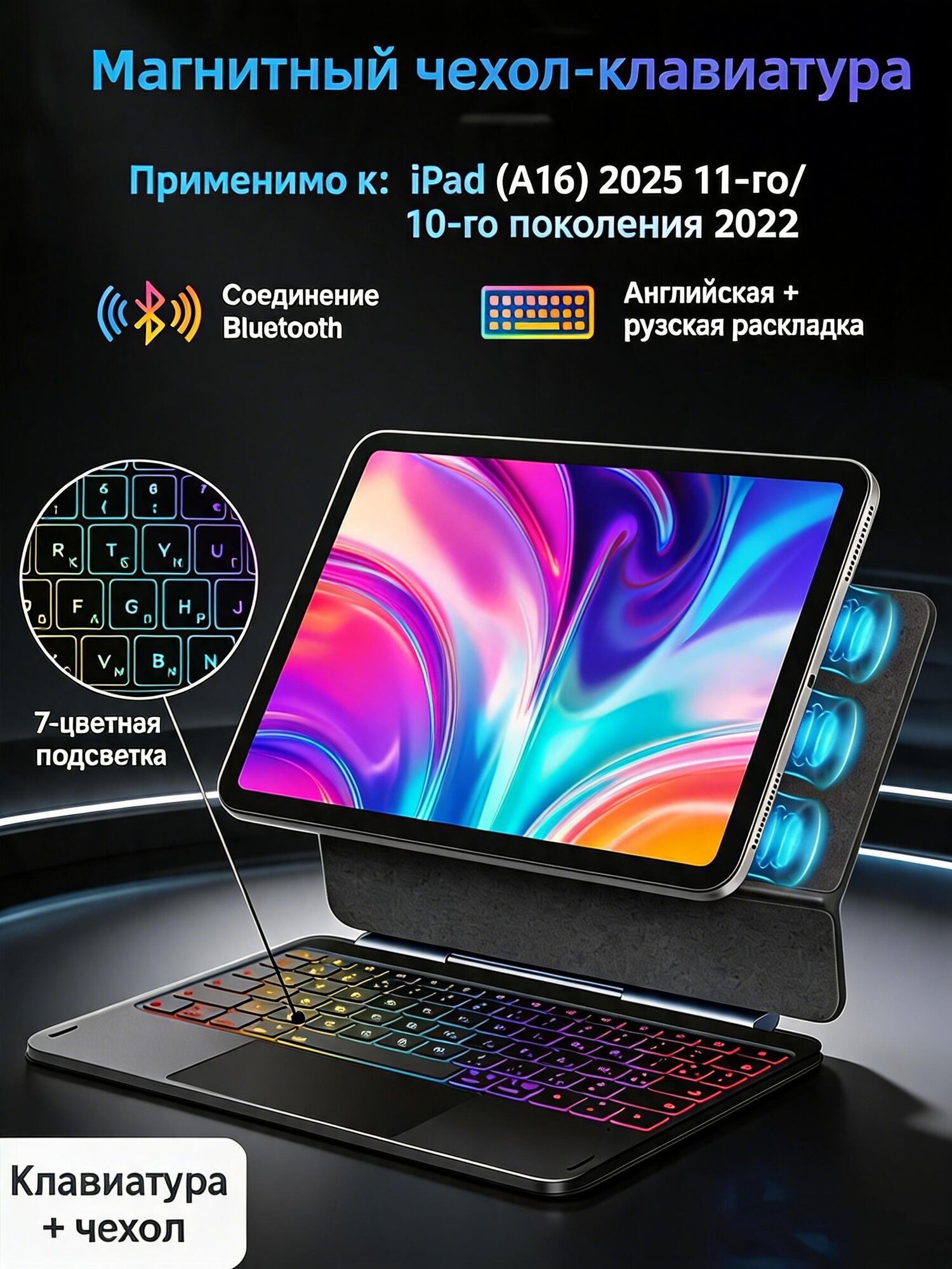 Магнитный чехол-клавиатура для IPad 11 2025 (A16）Сумма IPad 11 2022с подсветкой и сенсорной