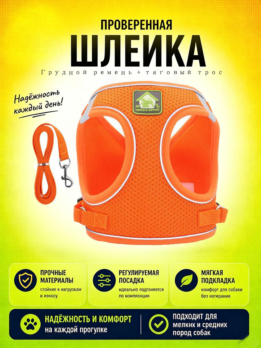 Летняя шлейка для собак мелких и средних пород со светоотражающими элементами для ночных прогулок, много размеров, регулируемая