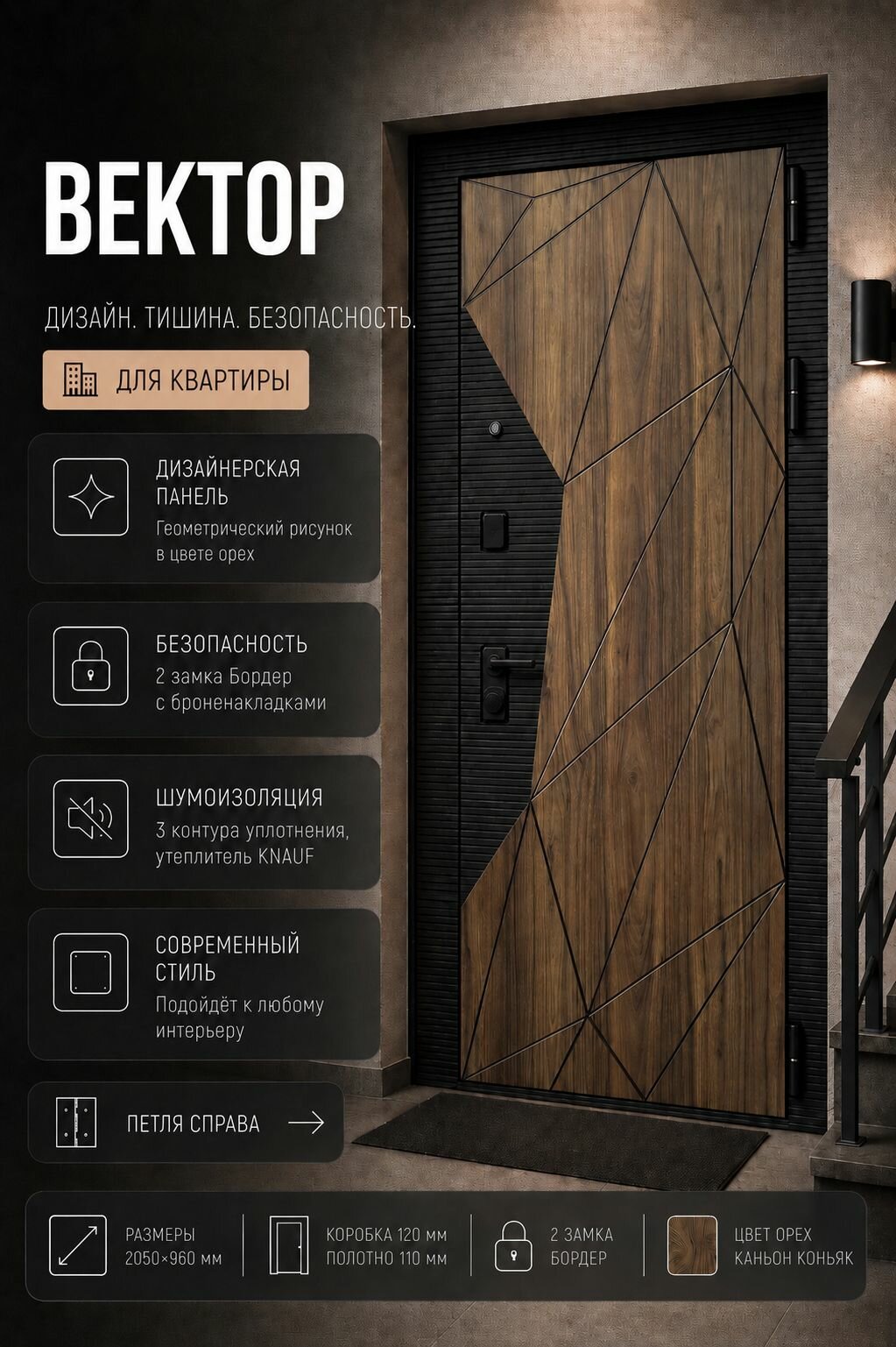 Входная дверь металлическая для квартиры Вектор Бел. 2050*960 Прав