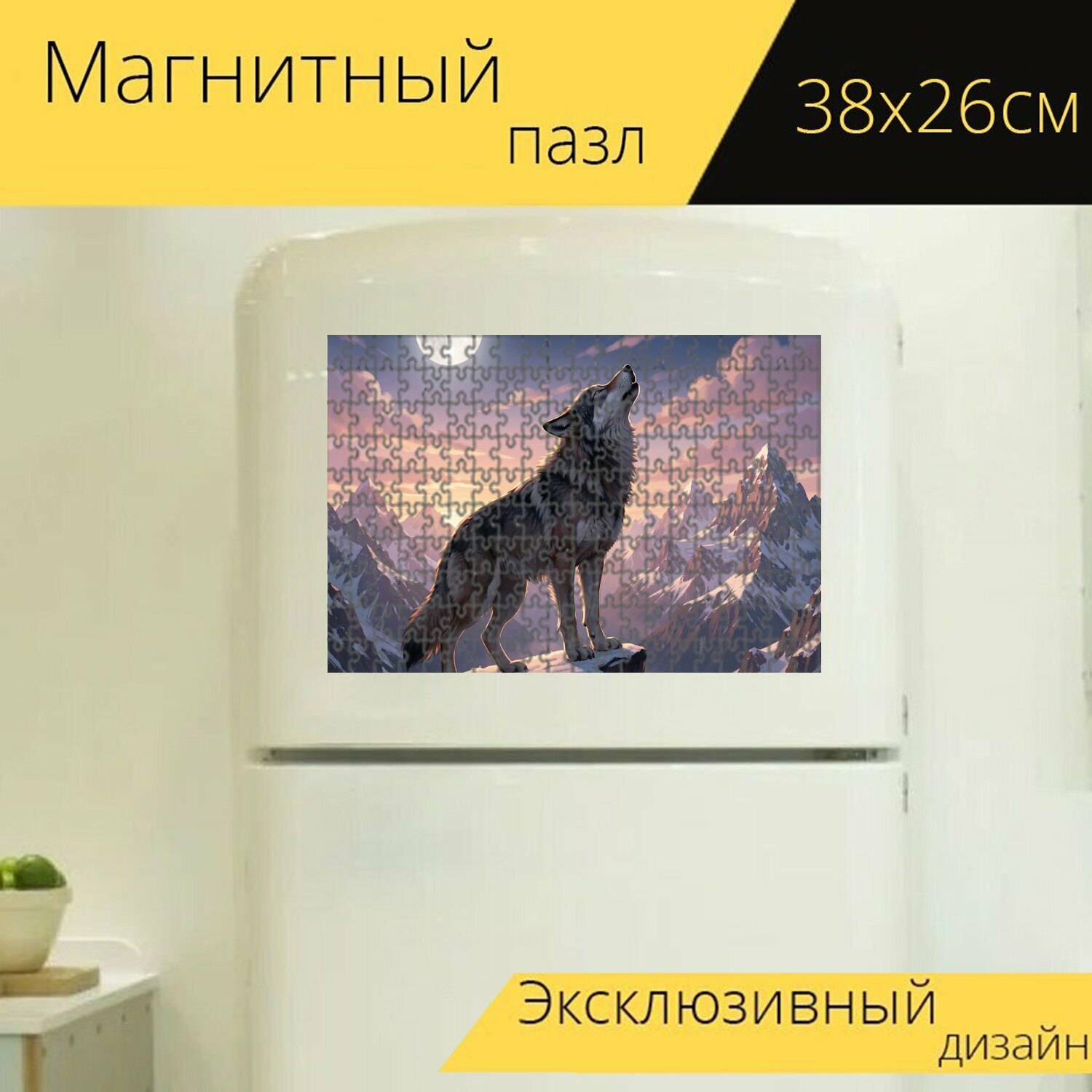 Магнитный пазл "Волк на снежной вершине. Фантазийная сцена с серым хищником на заснеженном утесе среди высоких гор, лунного неба и розово-голубых облаков." для интерьера, 38х26 см.