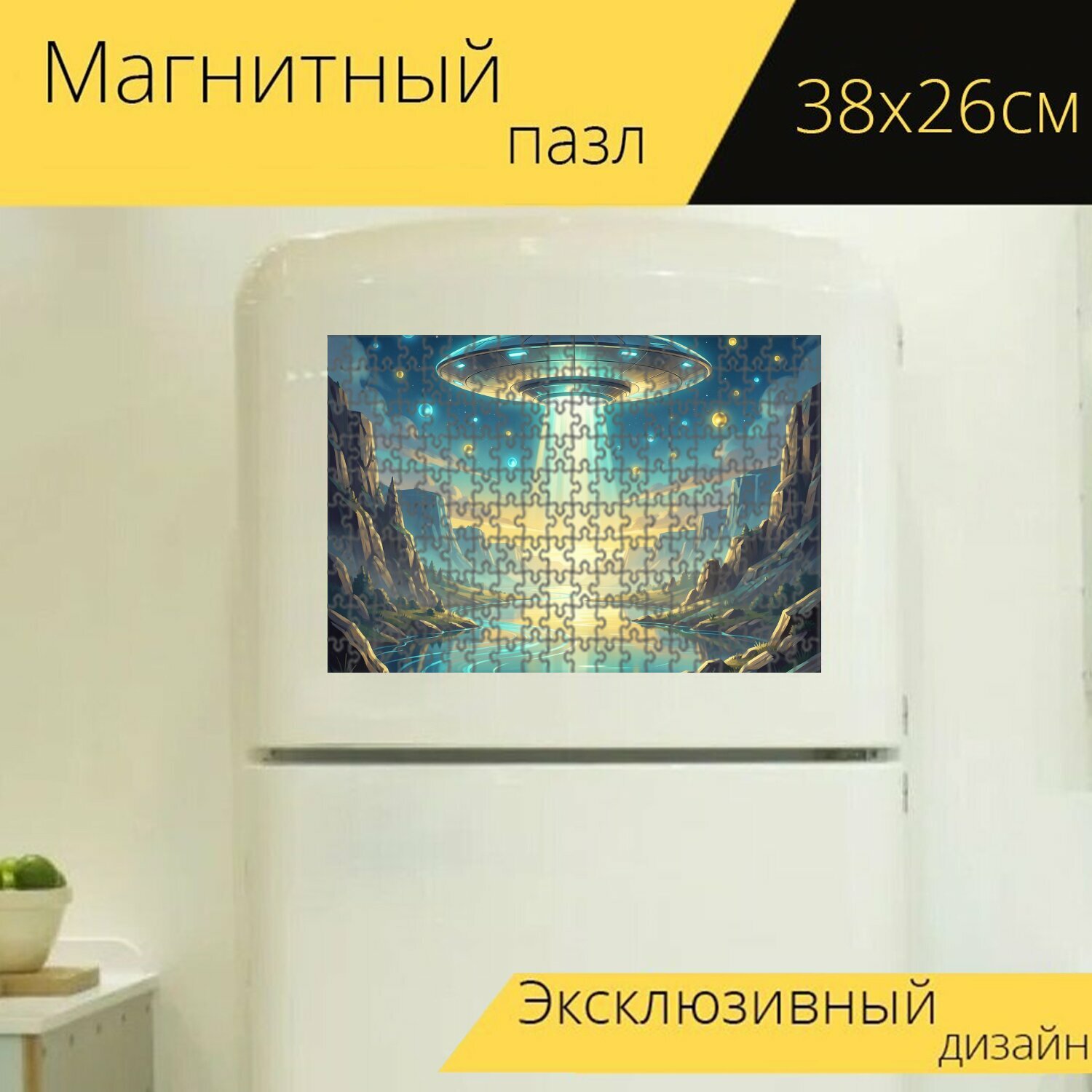 Магнитный пазл "Инопланетный корабль над каньоном. Футуристическая сцена: парящий НЛО с ярким лучом в скалистом каньоне, фантастическое небо, сине-голубые и." для интерьера, 38х26 см.
