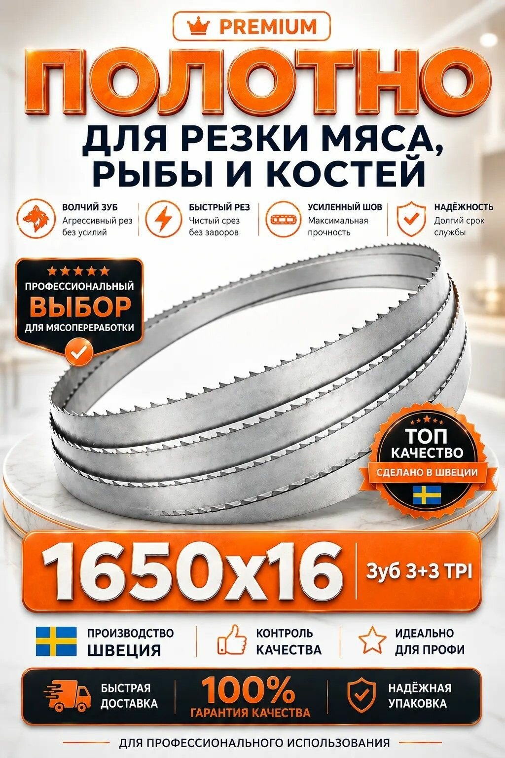 Полотно пильное 1650*16*3+3tpi по мясу кости и рыбе. Полотно для ленточной пилы.