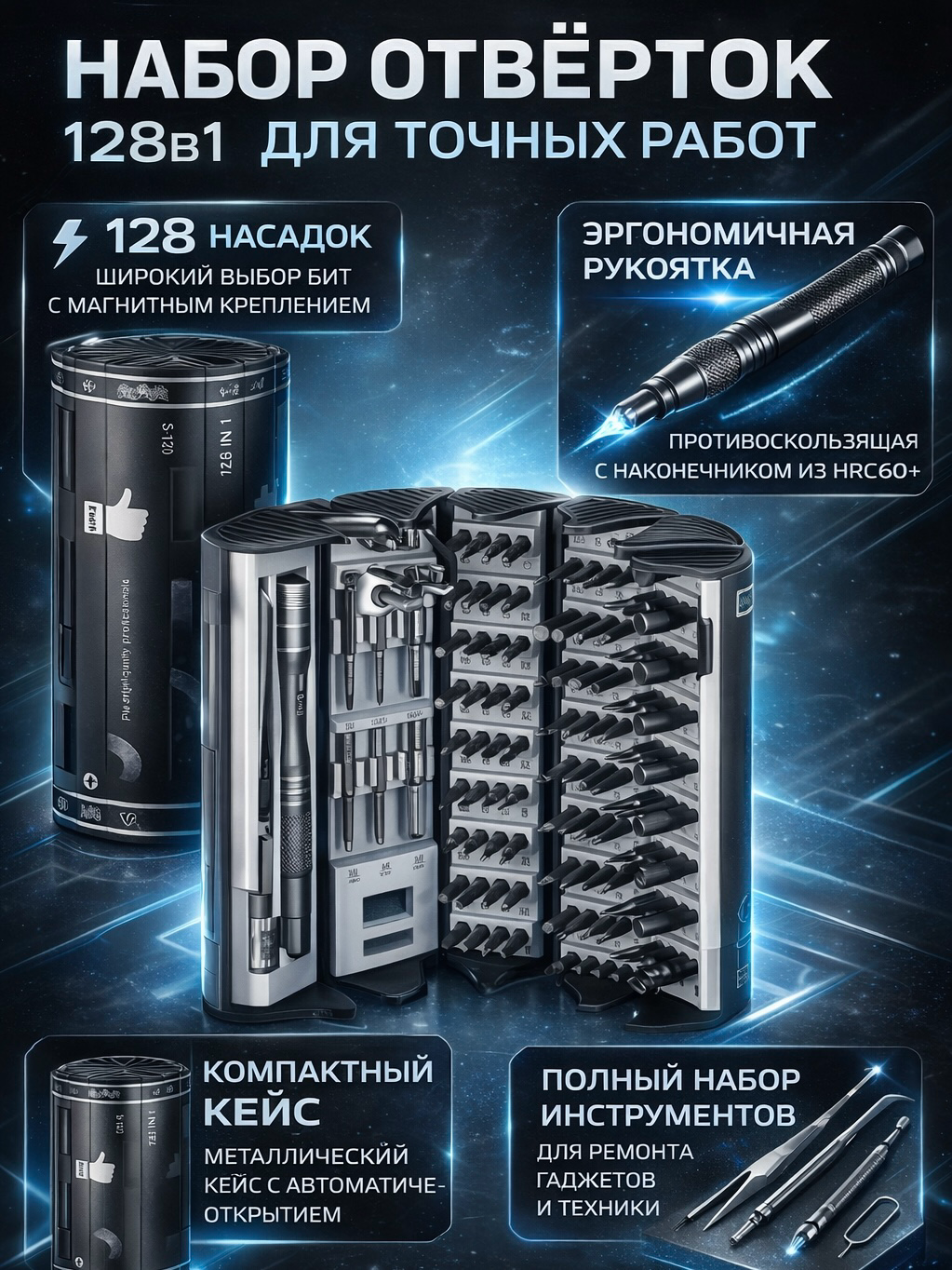 Набор отверток и бит 128 в 1, для ремонта ПК и телефонов, для точных работ
