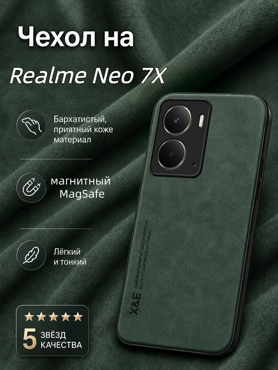 Кожаный чехол для Realme Neo7x / Realme P3 5G (Реалми Нео7 Икс / Реалми П3 5Г) с защитой камеры , магнитный MagSafe
