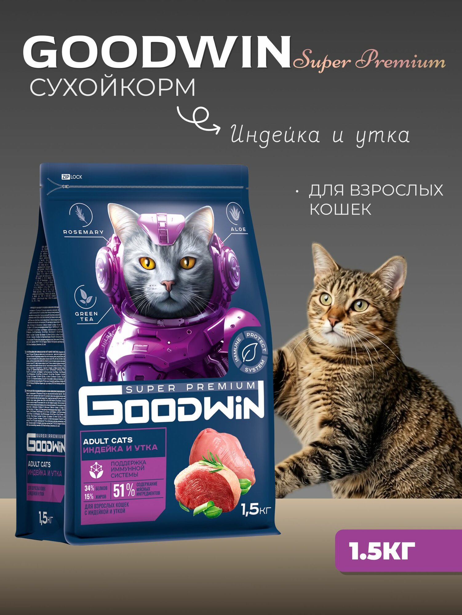 Корм сухой Goodwin для кошек Индейка и Утка 1,5 кг