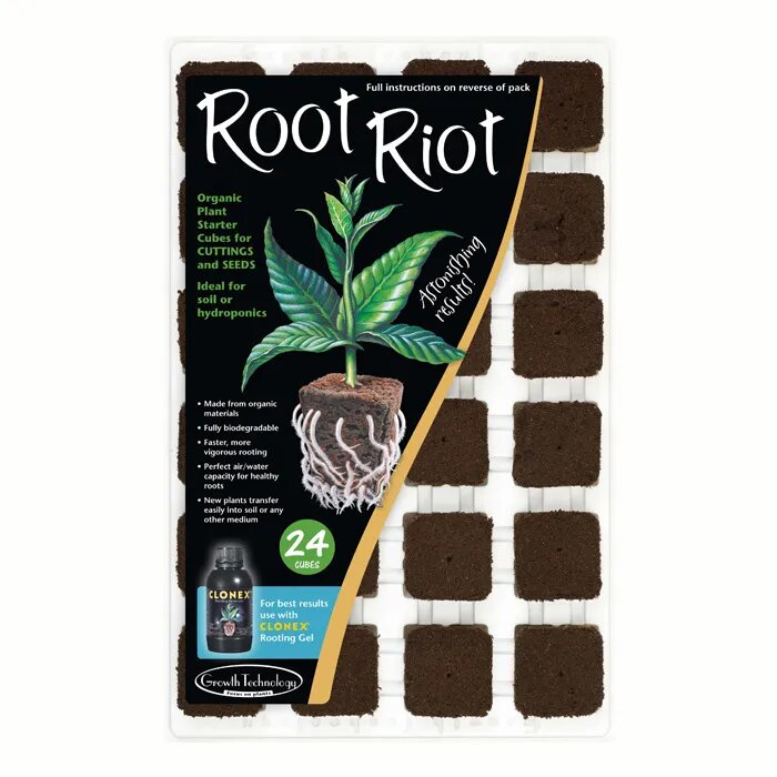 Органических кубики Root Riot (RootRiot) в кассете - пробки из компоста для проращивания, черенкования, укоренения, клонирования растений Growth Technology 24шт