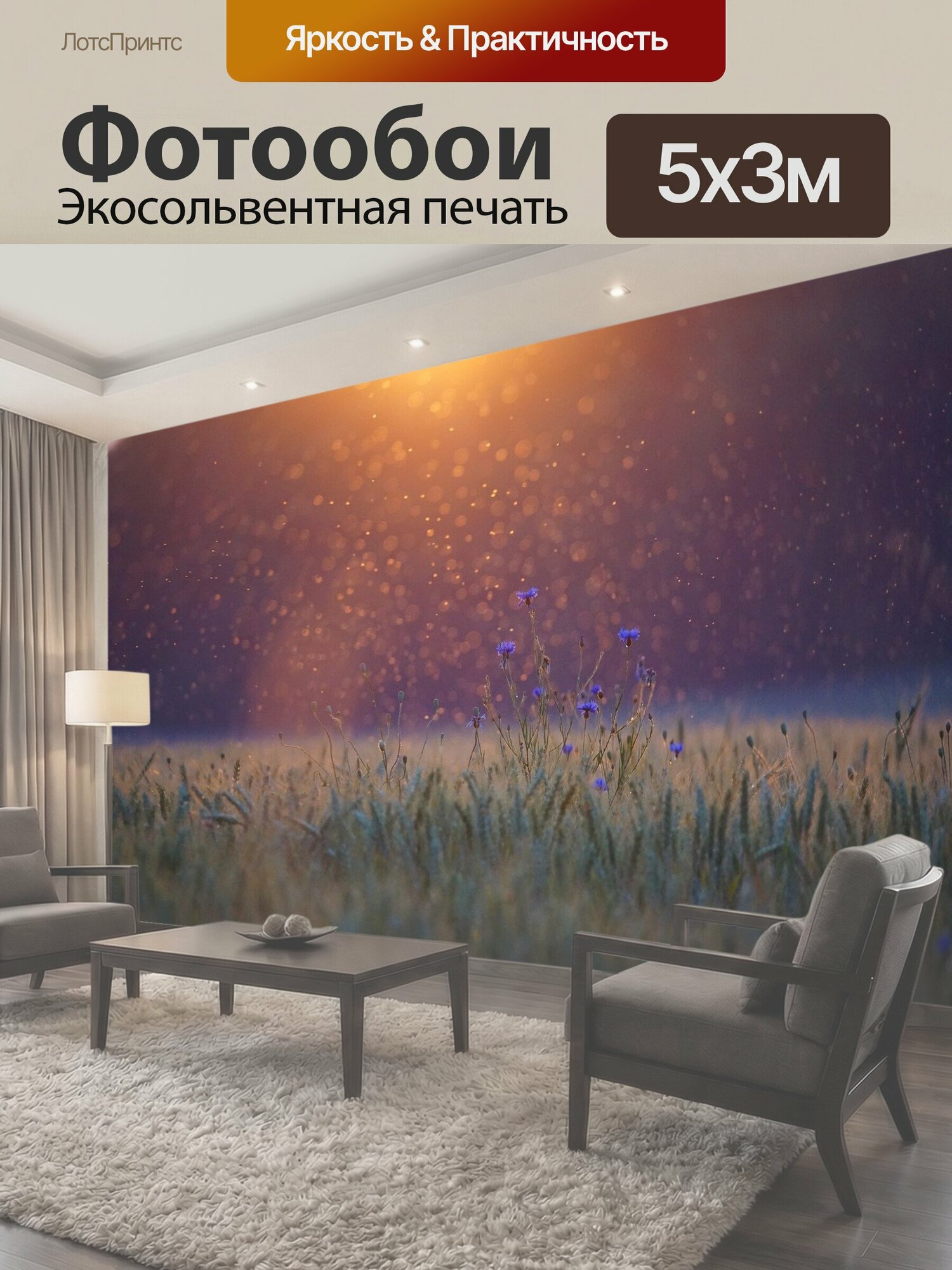 Фотообои "Васильки, заход солнца, комары" 500x300 см. экосольвентная печать