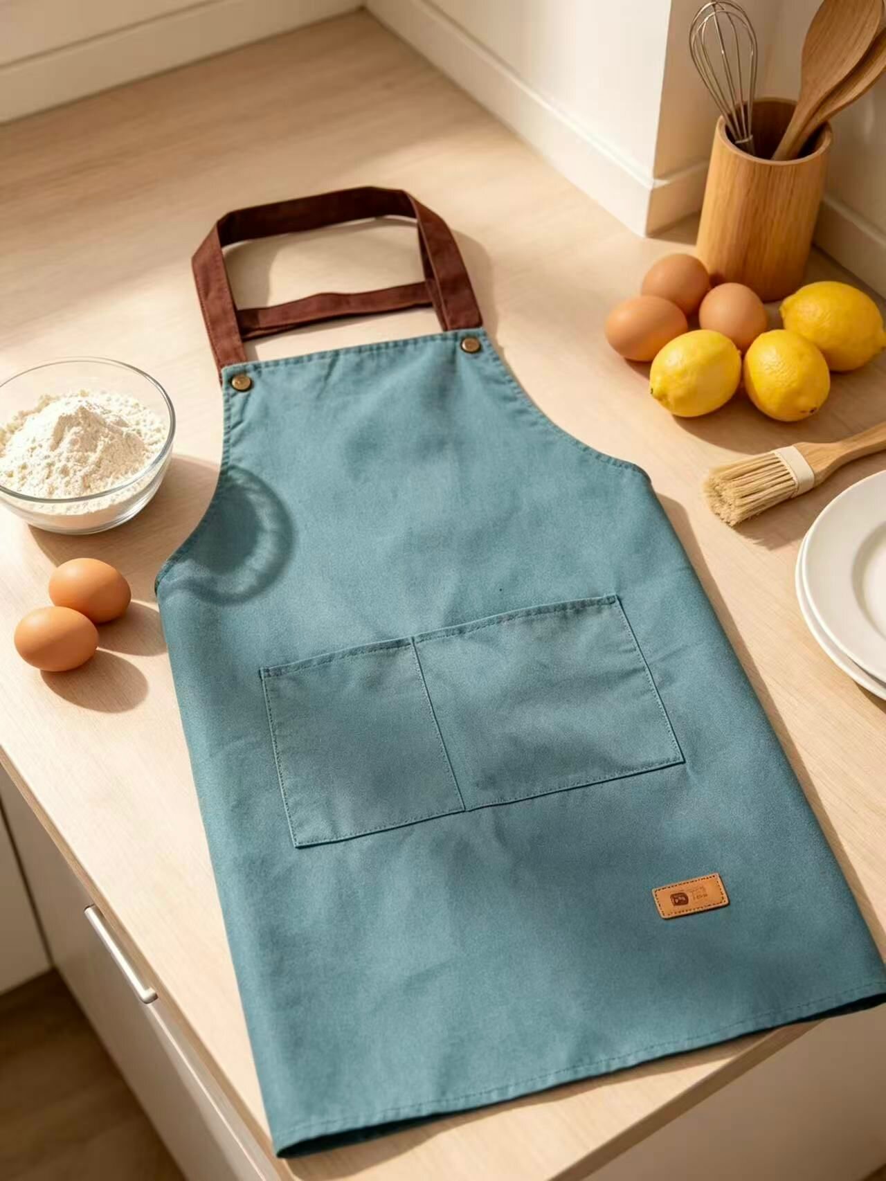 Фартук для кухни с двумя карманами, хлопковый, с коричневыми лямками, универсальный для дома и готовки