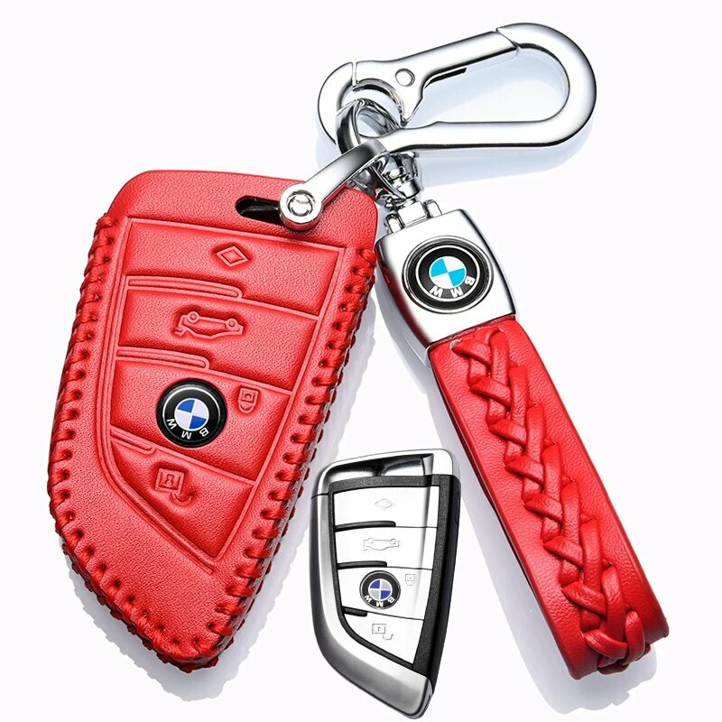 BMW Кожаный чехол для ключа для 5-й серии 3-й серии X1 X3 i3 X5, стиль B, красный, ремешок, нож 4-кнопочный