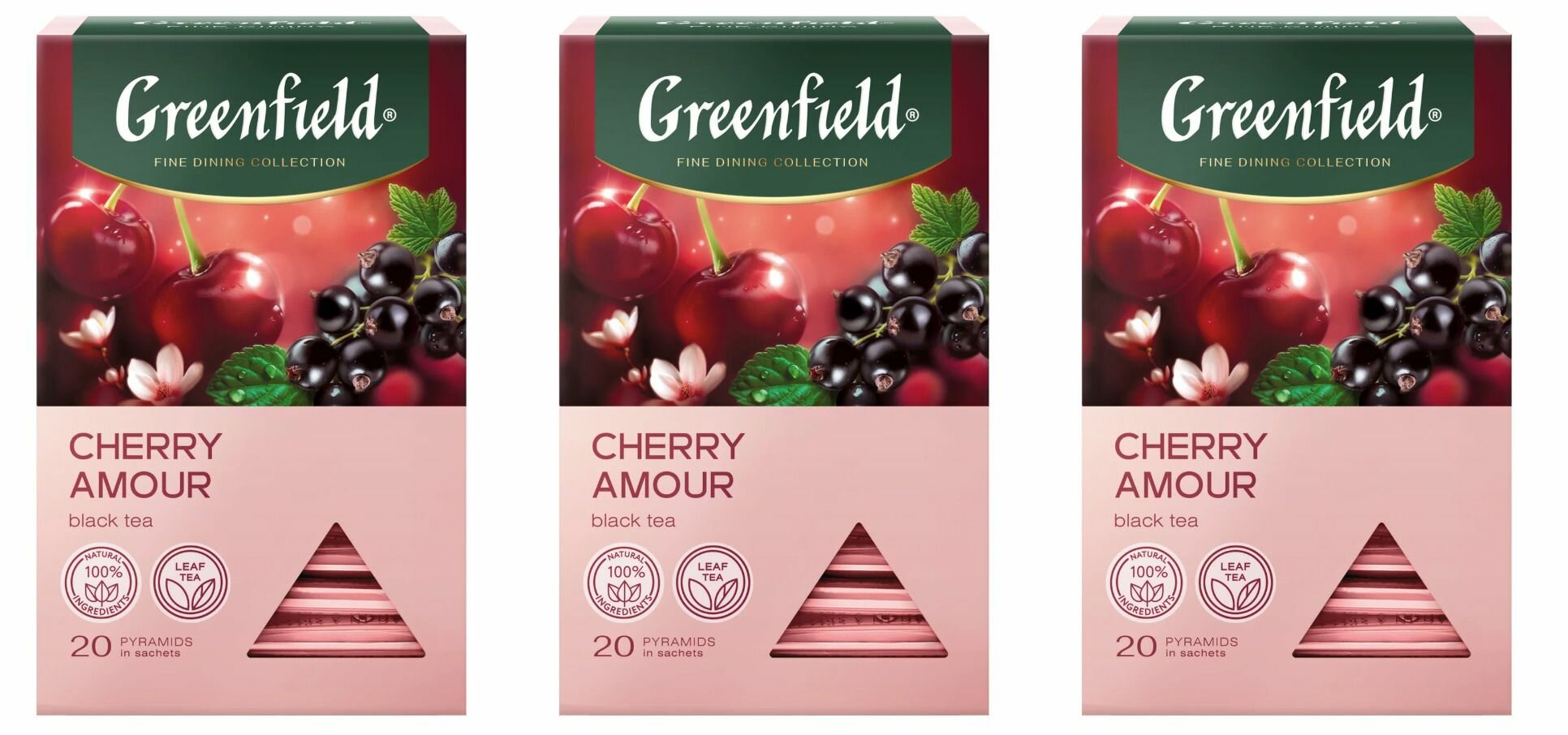Greenfield Чай в пакетиках, пирамидки Fine Dining Cherry Amour, черный с ароматом мяты и вишни, 20 х 1.8 гр, 3 уп