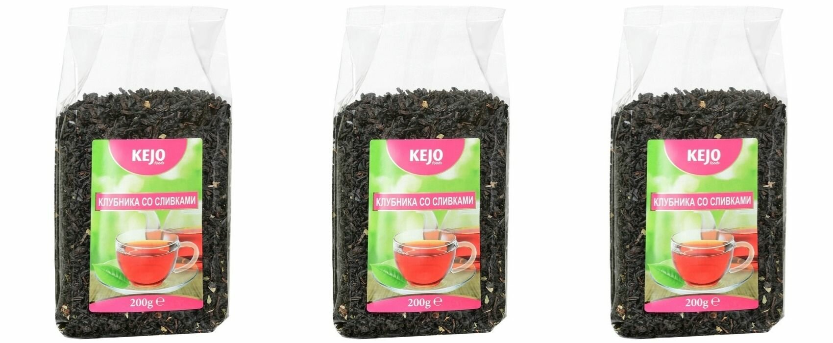 Kejo foods Чай листовой Клубника со сливками, черный с зеленым с кусочками папайи, роза, 200 г, 3 уп