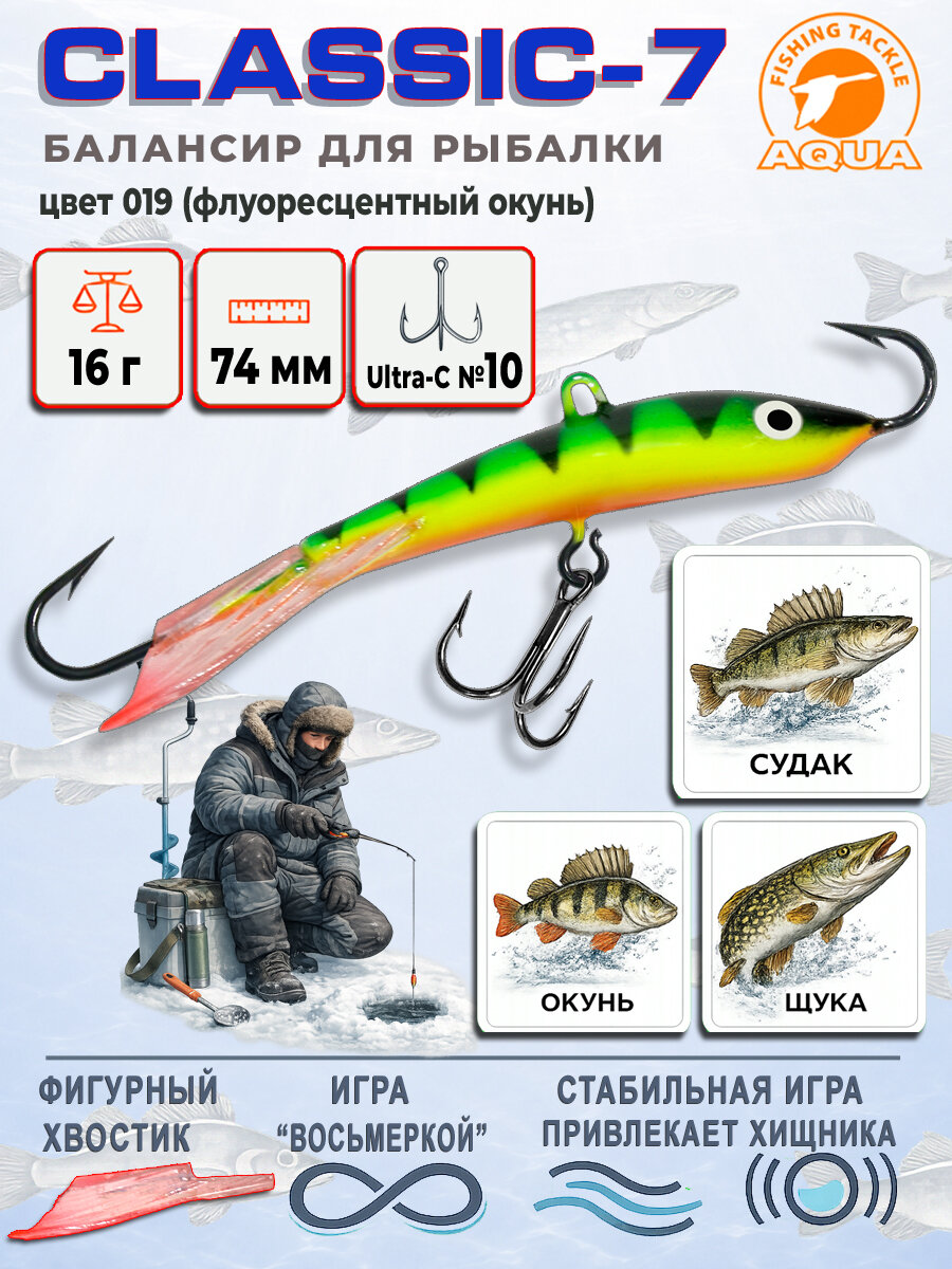 Балансир AQUA CLASSIC-7 74,0mm, вес - 16,0g, цвет 019 (флуоресцентный окунь)