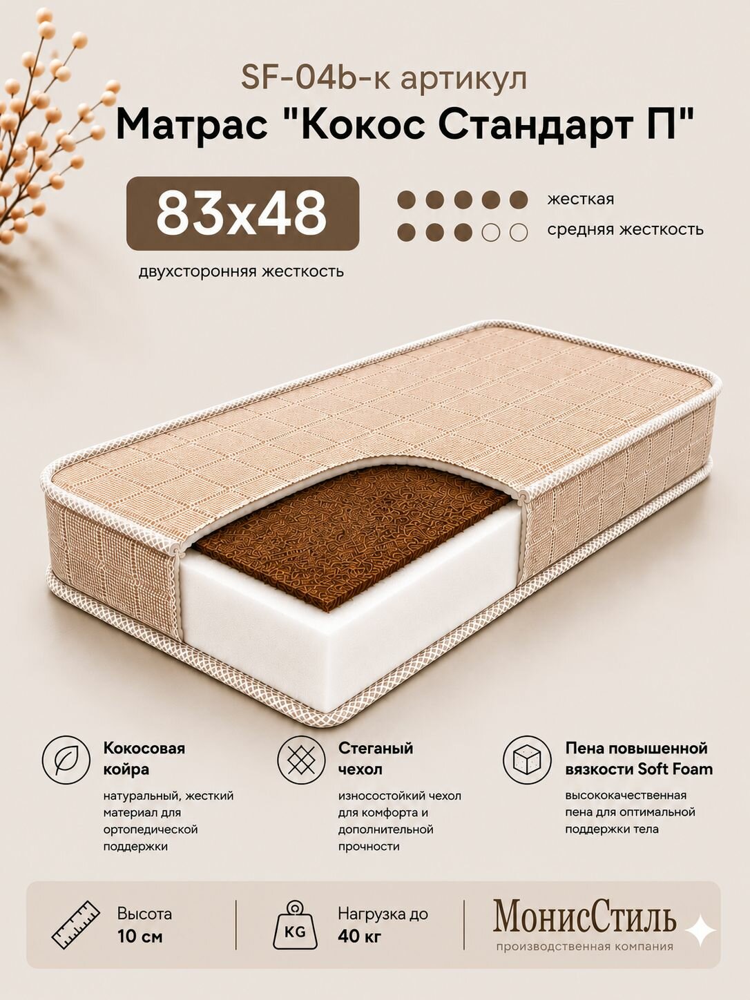Матрас Кокос Стандарт 83*48*10 см арт. SF-04b-к