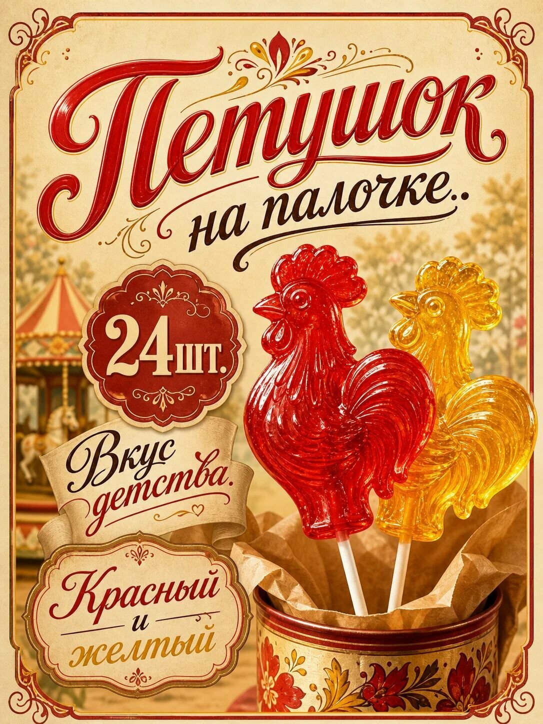 Карамель леденцовая Петушок на палочке 16гр. Разноцветные. 24 шт.