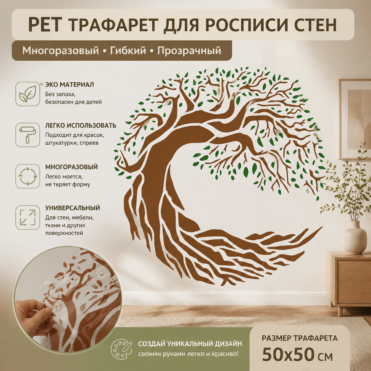 1 шт. Пустотелый трафарет для рисования и живописи из ПЭТ для скрапбукинга и фотоальбома «Древо жизни», 30x30 см.