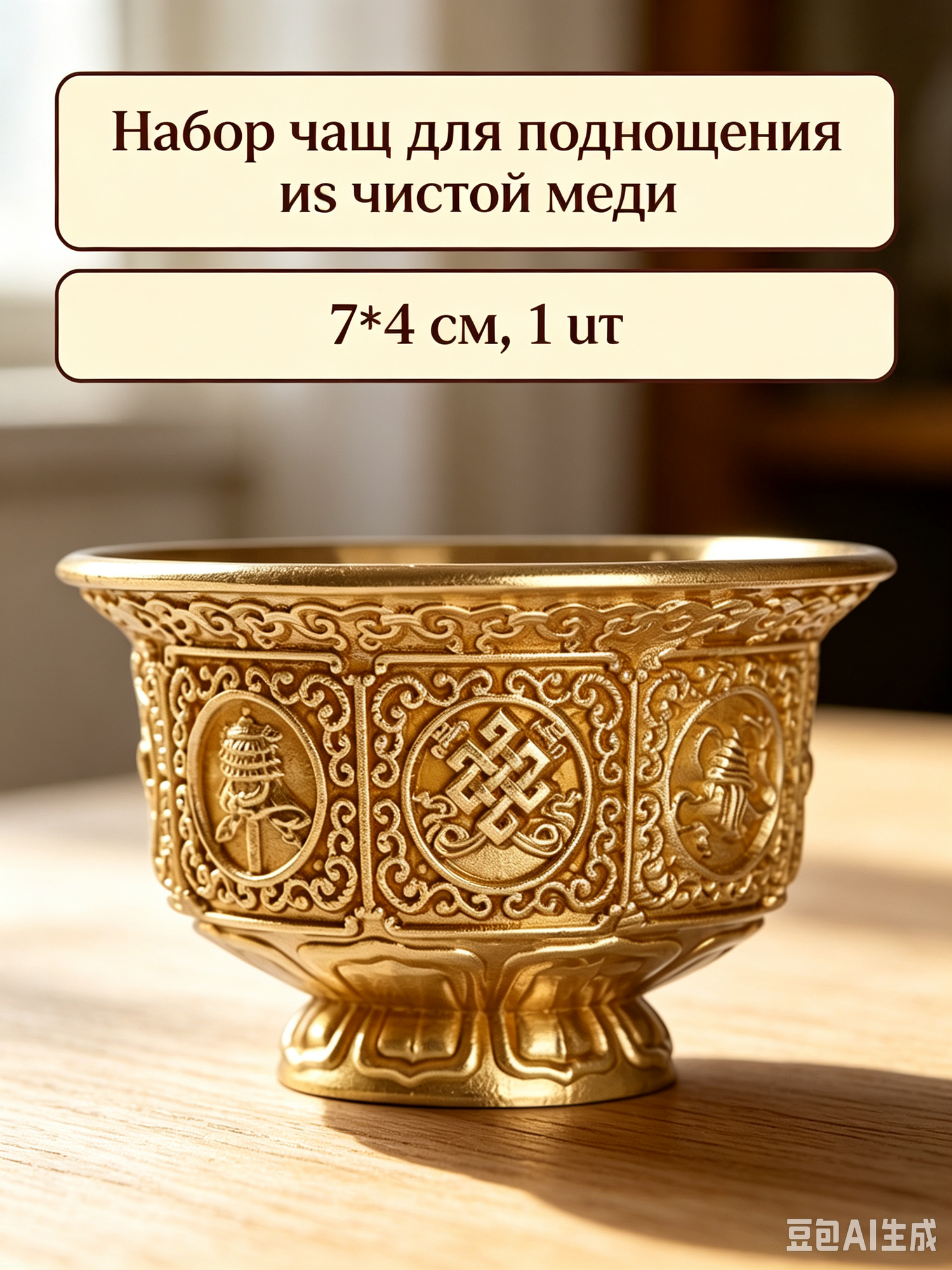 Чаша для подношения из чистой меди, 7*4 см, восемь благоприятных чаш для подношения, 1 штука