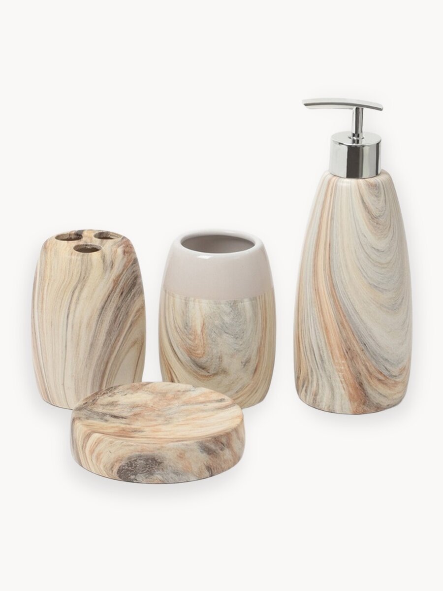 Аксессуары для ванной комнаты SKYPHOS "Камень" 4 предмета, дозатор 450 мл, мыльница, 2 стакана, бежевый