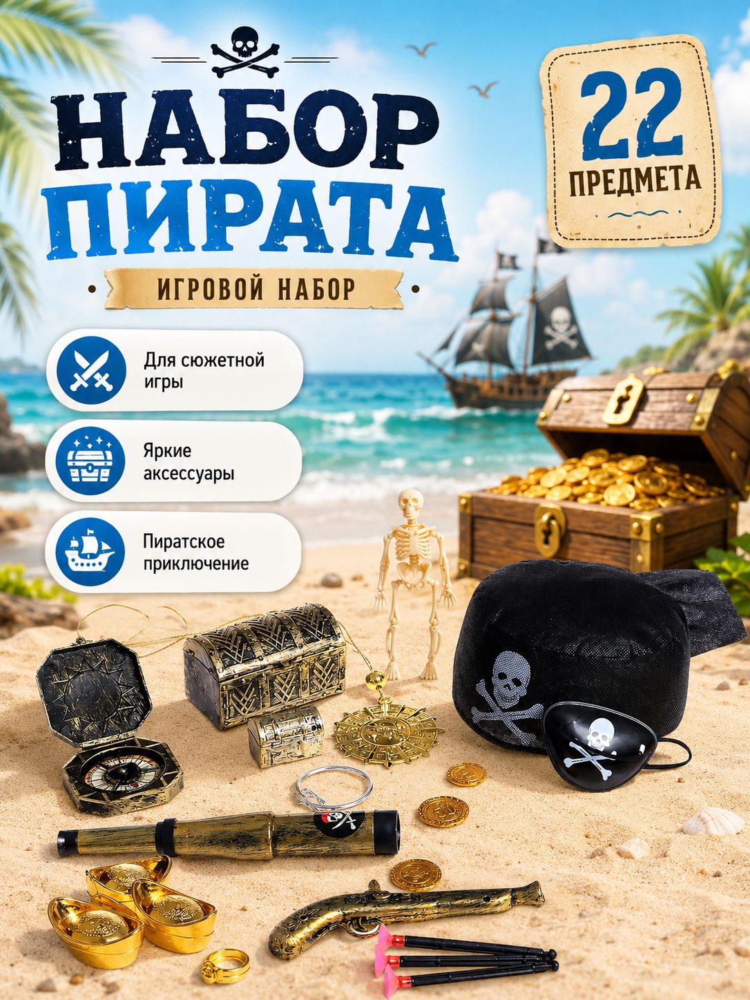 Детский игровой набор пирата "Клад", подарок для мальчика