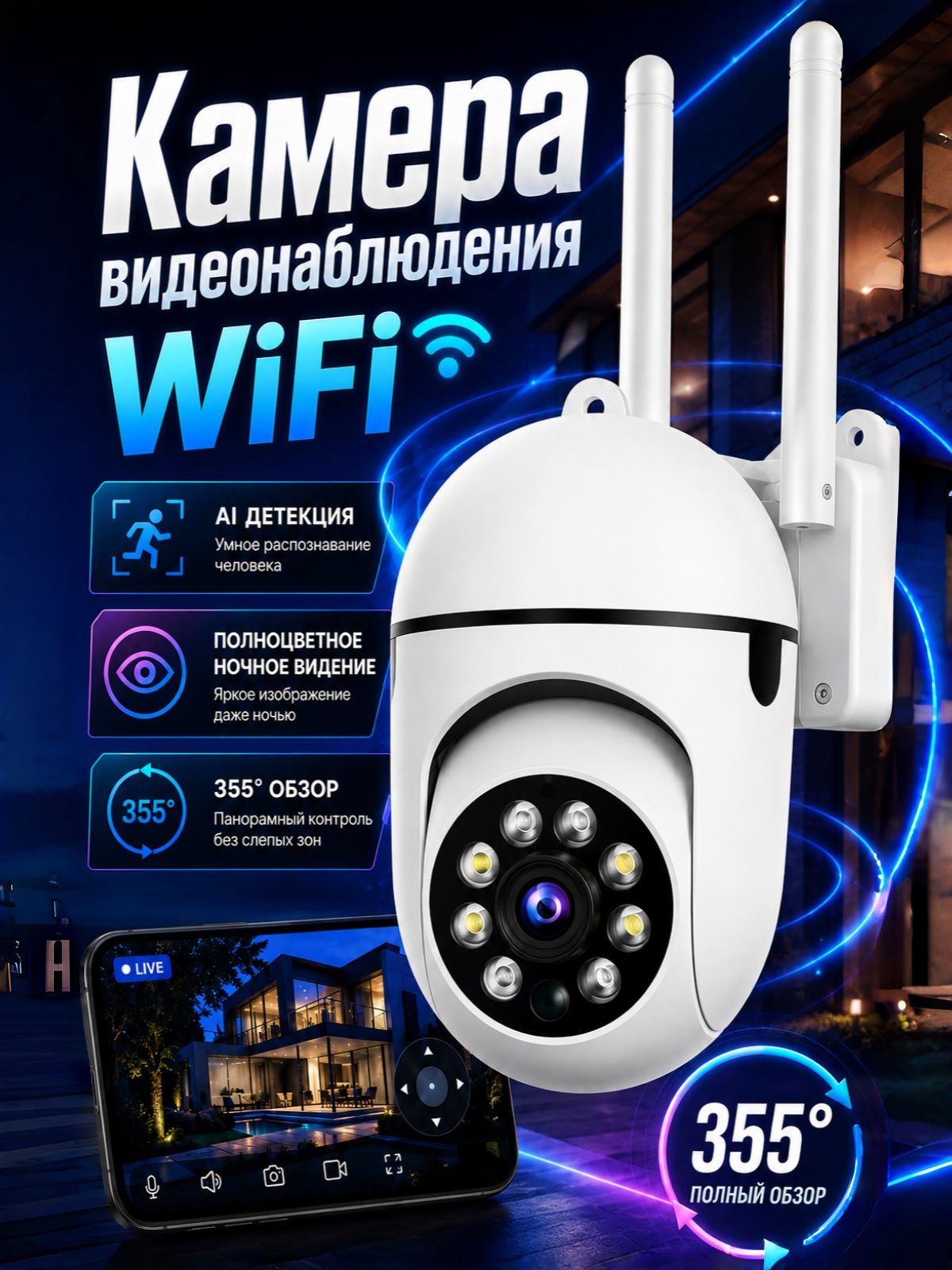 Камера видеонаблюдения wifi для дома мини внутренняя V360Pro, поворотная 355, полноцветное ночное видение, двусторонняя связь, запись на TF карту