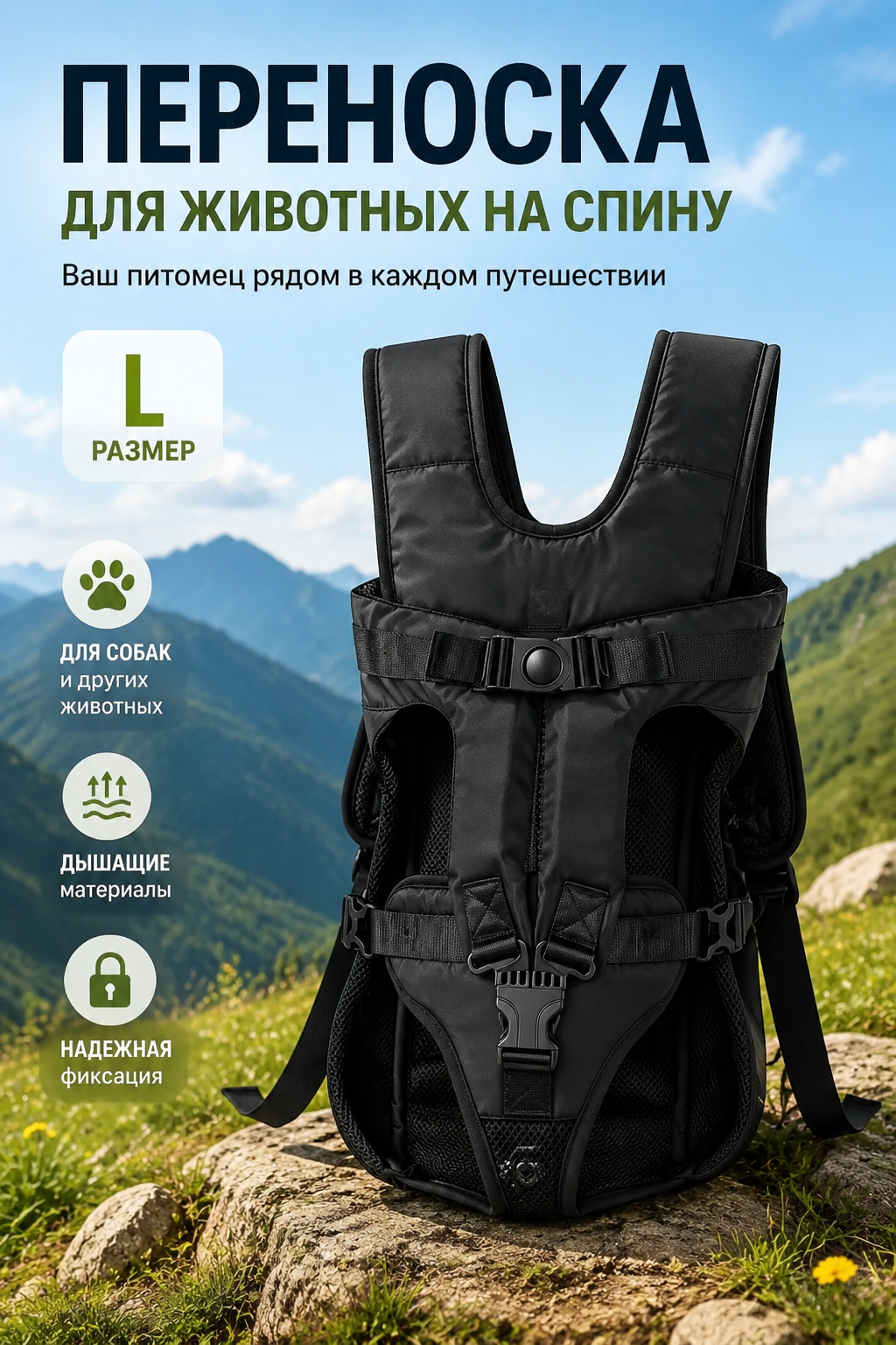 Переноска для животных на спину, черная, размер L