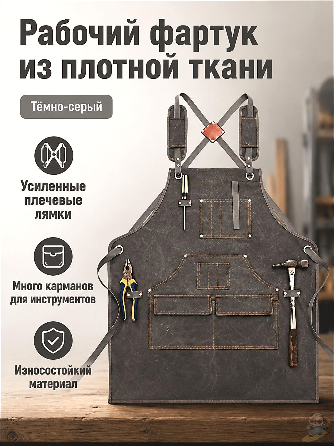 Фартук рабочий из плотного холста, универсальный размер, цвет серо-черный с окантовкой для столяров, садоводов