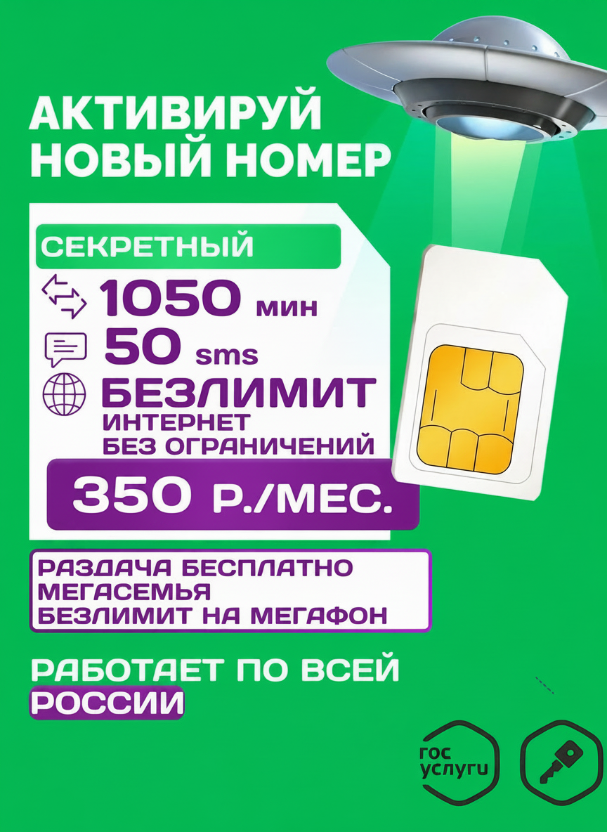 "Sim-карта", МегаФон, тариф безлимитный интернет, раздача, бесплатно, 1050 минут за 350 рублей