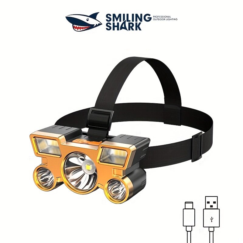 Налобный фонарь 5 LED в форме улыбающейся акулы, многофункциональный, 4 режима, USB-зарядка, для рыбалки, кемпинга, работы и ремонта авто, модель K71, цвет Golden B