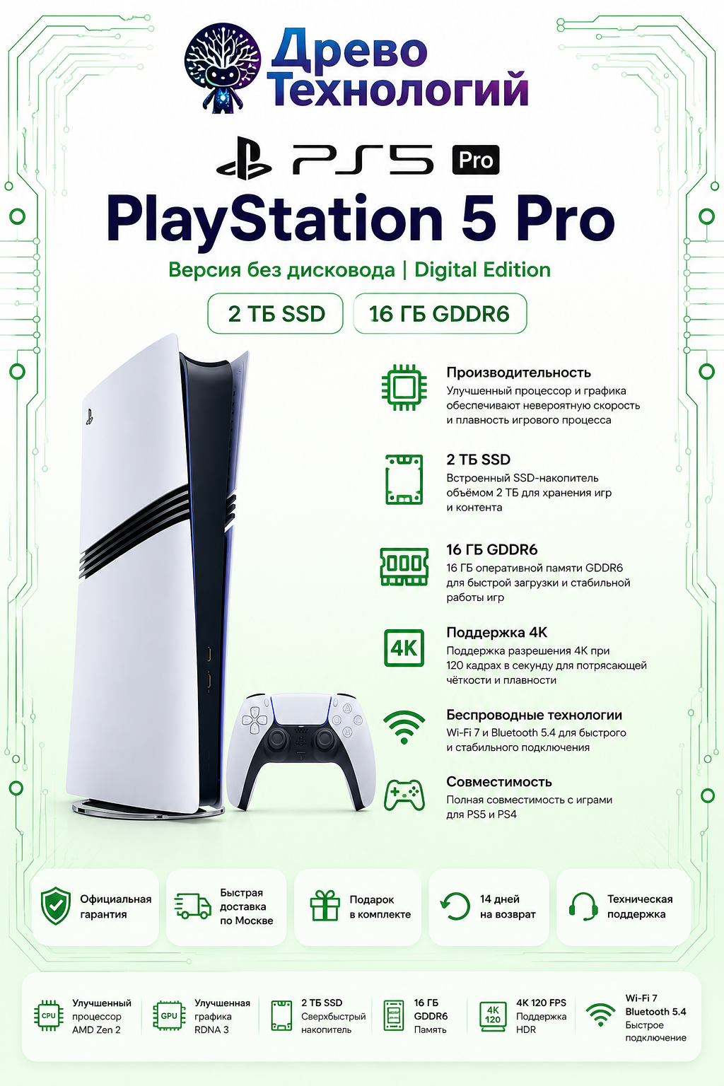Игровая консоль Sony PlayStation 5 Pro, (версия без дисковода | Digital Edition) 2TB SSD, 16GB GDDR6 RAM, Новый оригинал