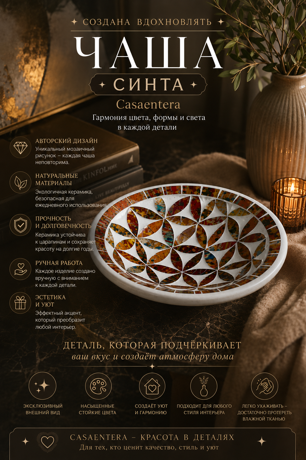 Чаша декоративная Синта керамика белый оранжевый Casaentera 21.5х21.5х5 см CE12-7722200