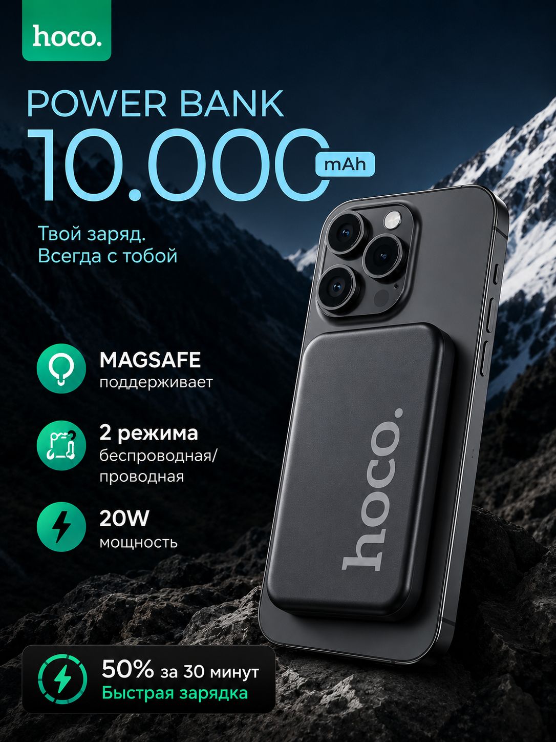 Hoco Внешний аккумулятор MagSafe 10000 для iphone и андройд с беспроводной зарядкой, 10000 мАч, 20 Вт, черный матовый