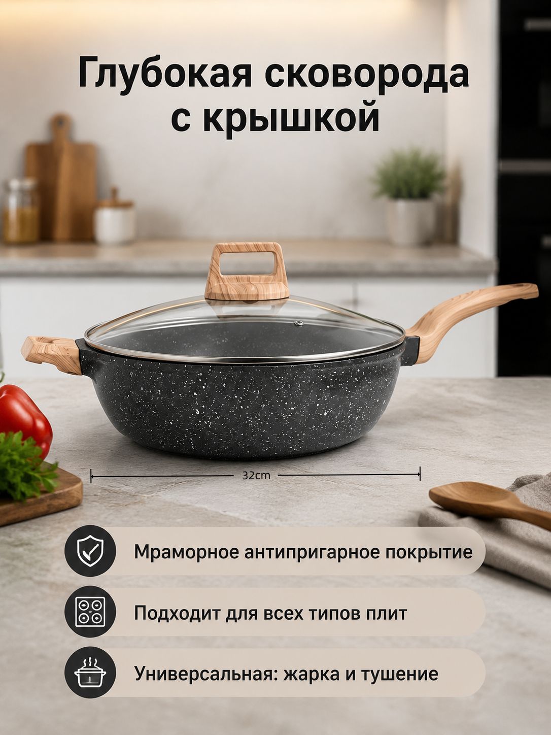 Сковорода-сотейник глубокая 32 см, с крышкой, мраморное антипригарное покрытие, алюминиевый сплав, для всех плит