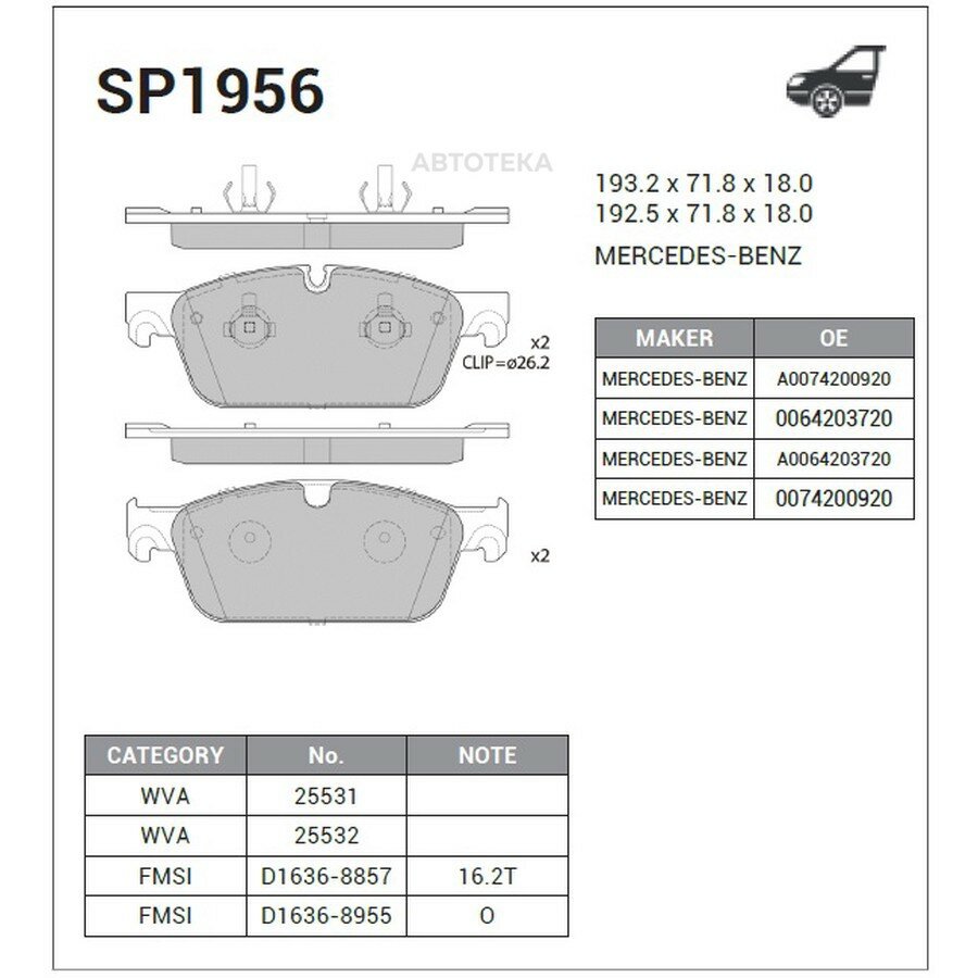 Колодки тормозные MERCEDES GL X166/ML W166 передние SANGSIN BRAKE SP1956